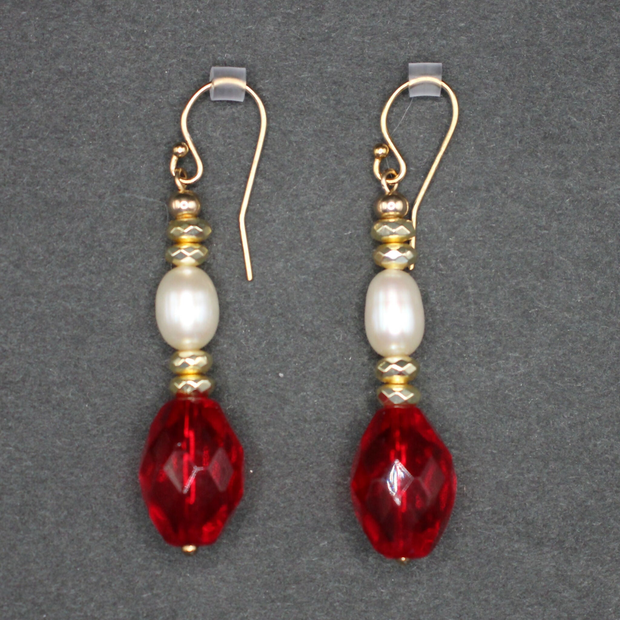 Bridget: Red crystal and pearl drop earrings