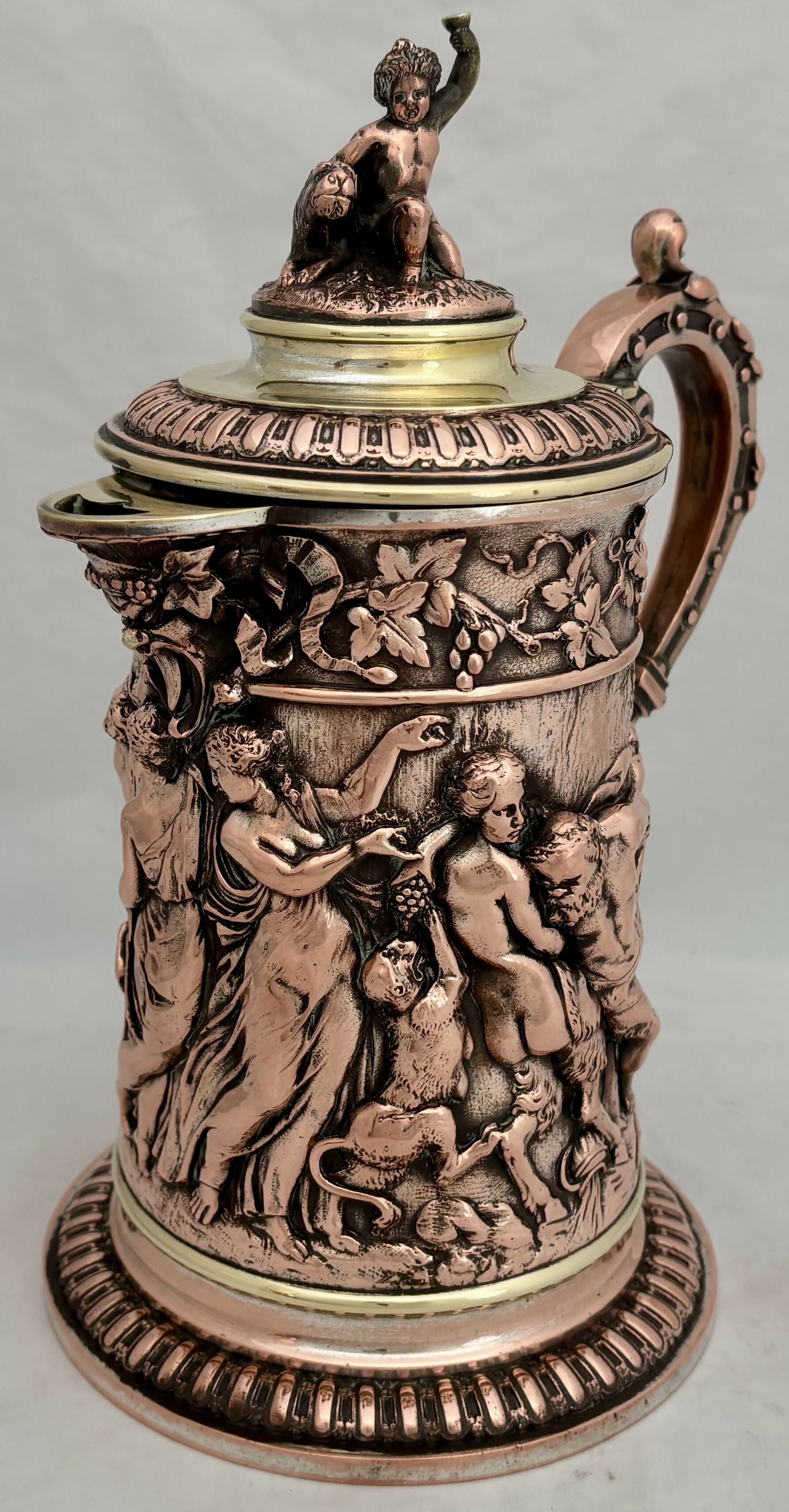 Victorian Neoclassical Bacchanalian Electrotype Copper & Brass Beer Ju