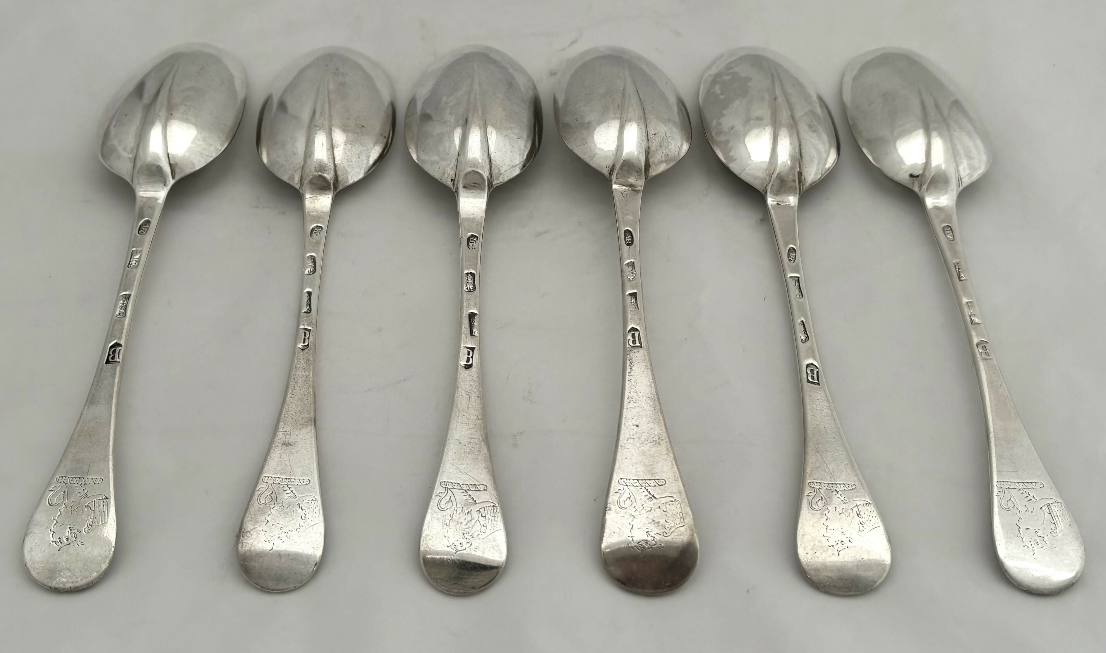 Georgian, George I, Six Britannia Silver Tablespoons. London 1717 Andr