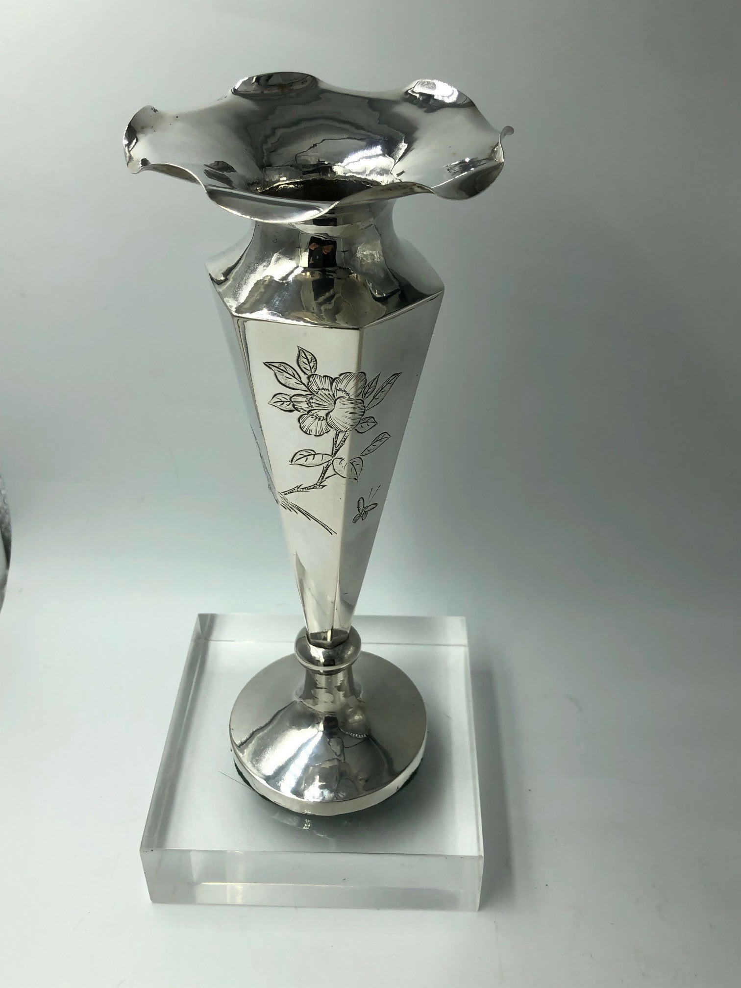 Chinese Export Silver Trumpet Vase Wang Hing c1900 Aesthetic Design