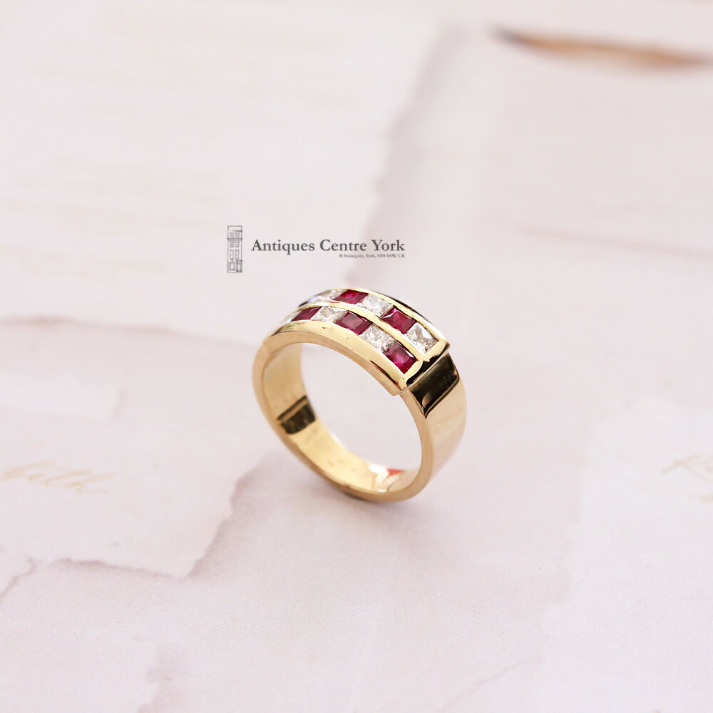 Chunky 18ct Princess Cut Ruby & Diamond 2 Row Ring