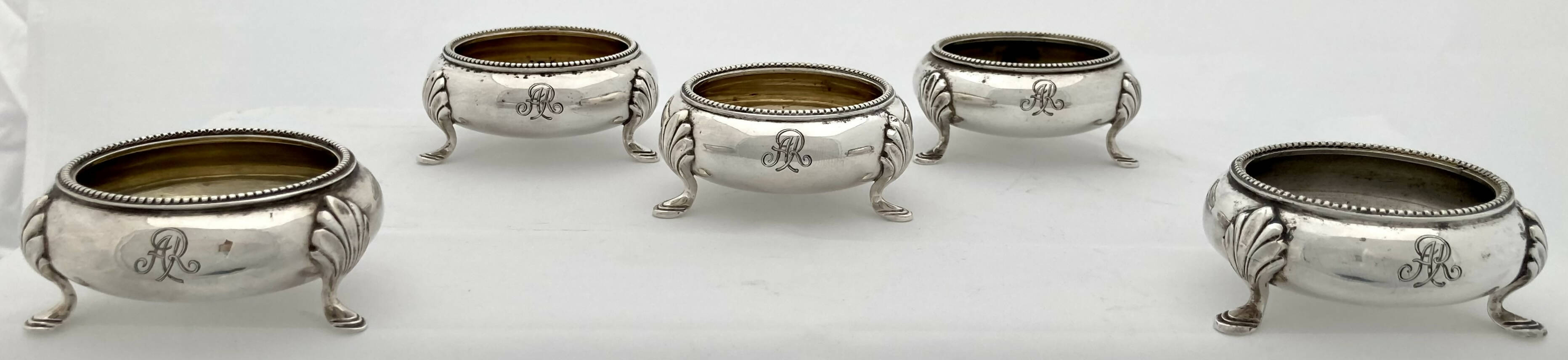 Late Victorian Set of Five Silver Plated Salts with Monogram of Alfred