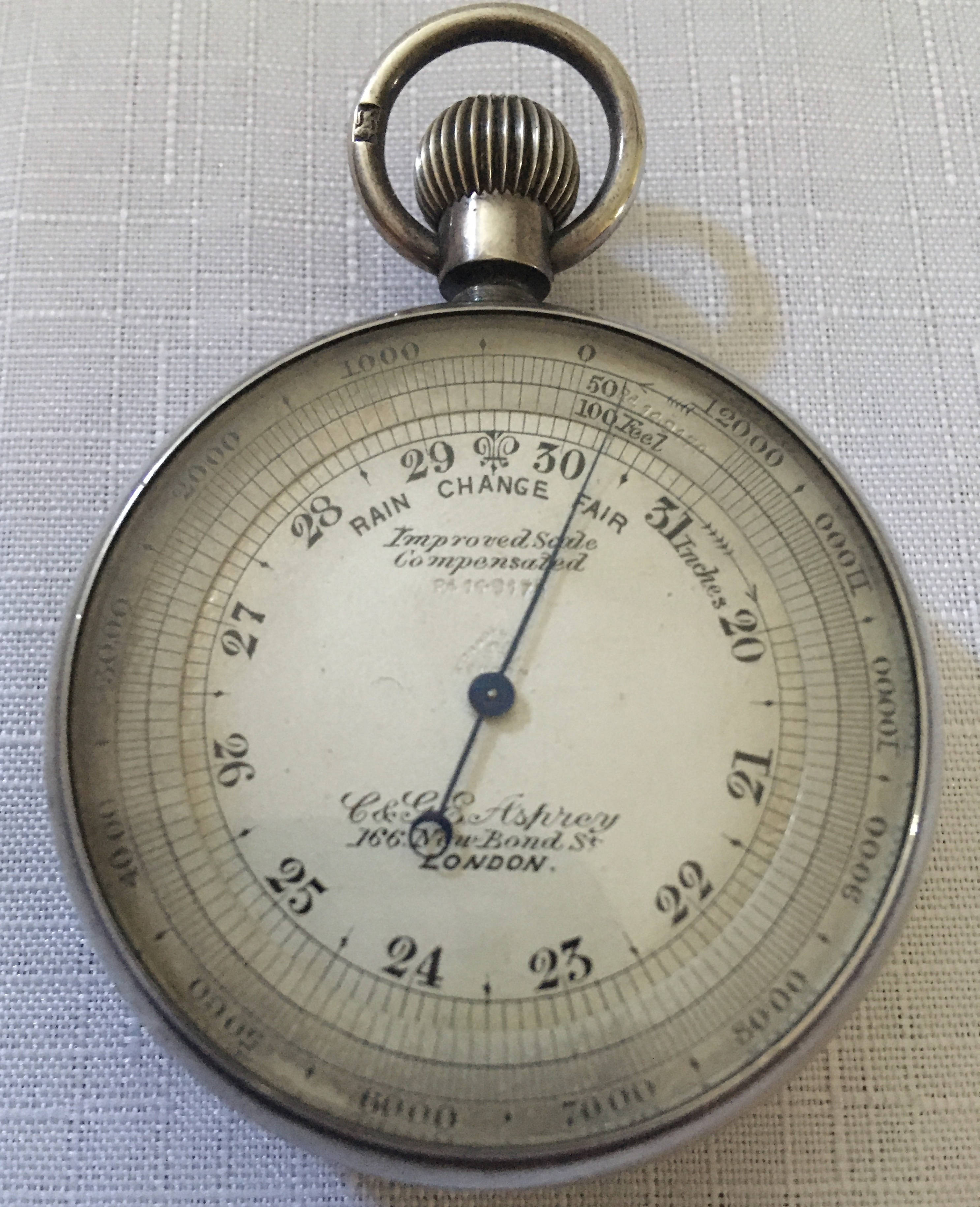 Asprey silver travel pocket barometer. Hallmarked for London 1892 by B