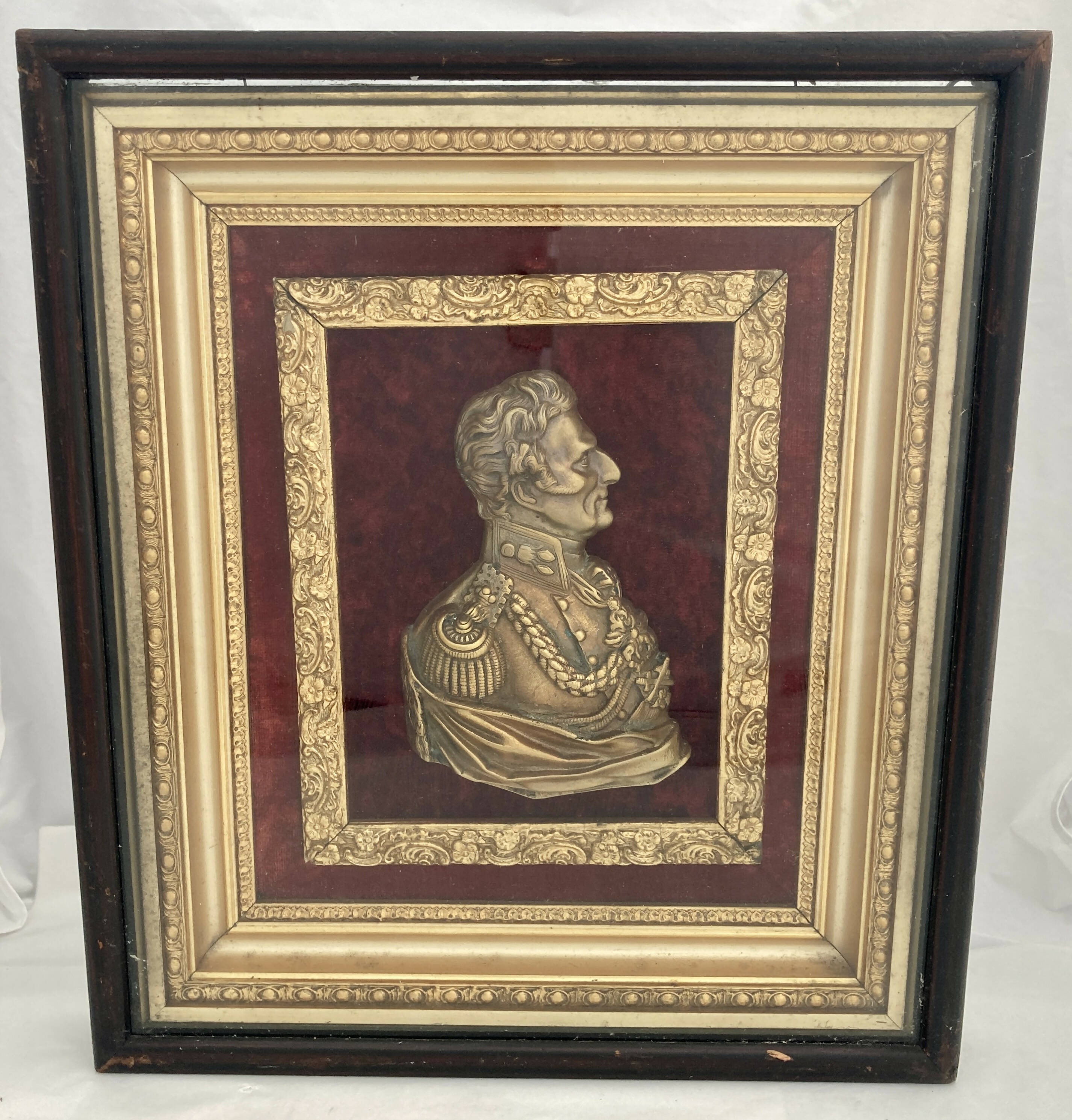 Victorian Gilt Bronze Plaque of the Duke of Wellington on Red Velvet B