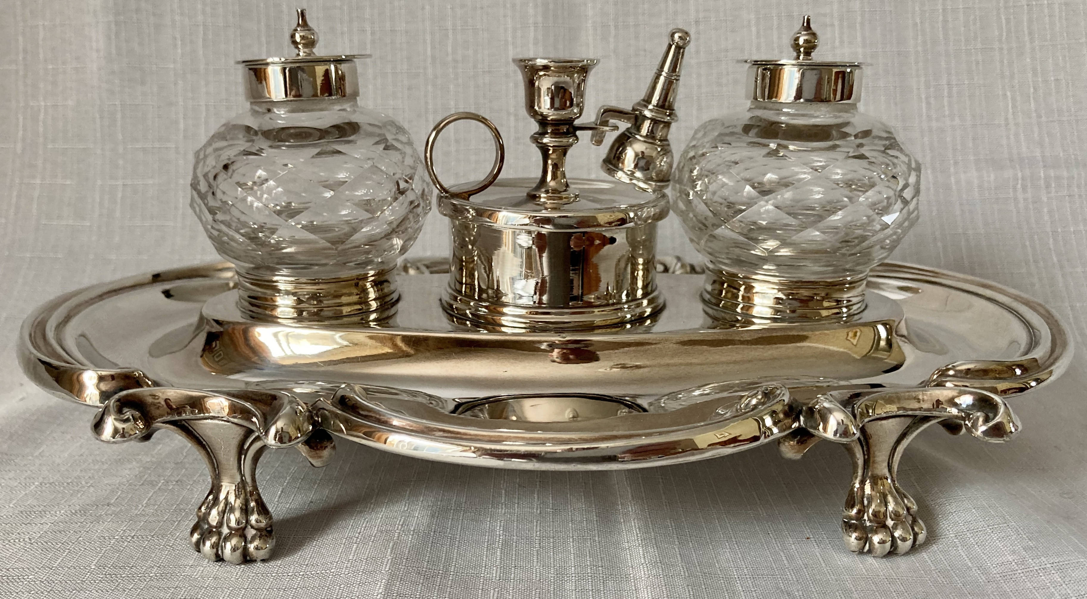 Georgian Style Silver Plated Inkstand with Twin Inkwells & Taperstick